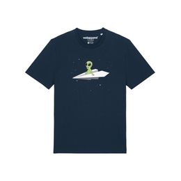 wat? Apparel T-Shirt Alien on a paper plane in Dunkelblau | Gr.: 50