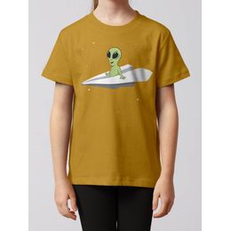 wat? Apparel T-Shirt Alien on a paper plane in Ocker | Gr.: 134-146
