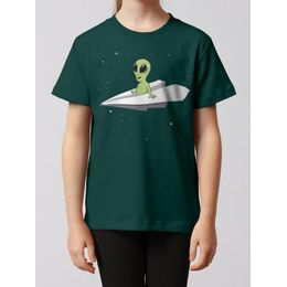 wat? Apparel T-Shirt Alien on a paper plane in Dunkelgr&uuml;n | Gr.: 110/116