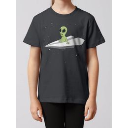 wat? Apparel T-Shirt Alien on a paper plane in Grau | Gr.: 98/104