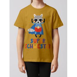 wat? Apparel T-Shirt Waschb&auml;r Superschwester in Ocker | Gr.: 152-164