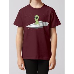 wat? Apparel T-Shirt Alien on a paper plane in Weinrot | Gr.: 152-164