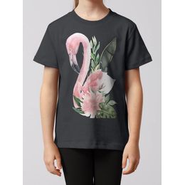 wat? Apparel T-Shirt Flamingo mit Blumen in Grau | Gr.: 98/104