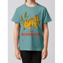 wat? Apparel T-Shirt Tiger Gro&szlig;e Schwester in Teal Monstera | Gr.: 122/128