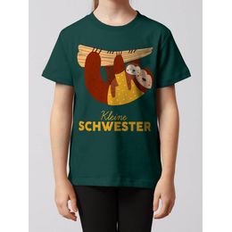 wat? Apparel T-Shirt Faultier Kleine Schwester in Dunkelgr&uuml;n | Gr.: 152-164
