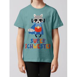 wat? Apparel T-Shirt Waschb&auml;r Superschwester in Teal Monstera | Gr.: 152-164