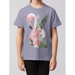 wat? Apparel T-Shirt Flamingo mit Blumen in Lavender | Gr.: 152-164