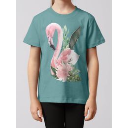 wat? Apparel T-Shirt Flamingo mit Blumen in Teal Monstera | Gr.: 134-146