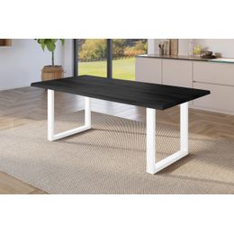 Esstisch 180x90 cm Baumkante Holz Grau-Optik U-Gestell Metall wei&szlig; JULIUS