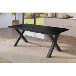 Esstisch 180x90 cm Baumkante Holz Grau-Optik X-Gestell Metall schwarz JULIUS