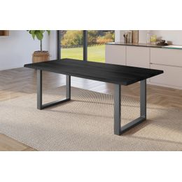 Esstisch 180x90 cm Baumkante Holz Grau-Optik U-Gestell Metall schwarz JULIUS