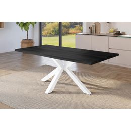 Esstisch 180x90 cm Baumkante Holz Grau-Optik Spider-Gestell Metall wei&szlig; JULIUS