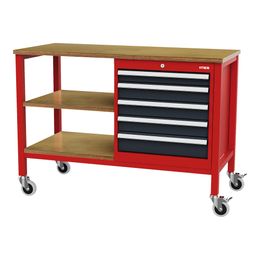 STIER Mobile Kastenwerkbank mit 5 Schubladen und 2 Holzfachb&ouml;den BxTxH 1300x600x960 mm RAL 3020 / RAL 7016 (904949)
