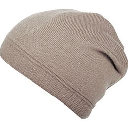 Damen Beanie, beige, Capelli New York, unifarben, Strick, Materialmix, M&uuml;tzen, Metall-Logo, gerafft, Feinstrick