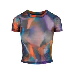 T-Shirt Urban Classics "Urban Classics Damen Ladies AOP Mesh Tee", Damen, Gr. M, multicolorreflection, 95% Polyester, 5% Elasthan, bedruckt, skinny fit, Rundhals, Shirts T-Shirt