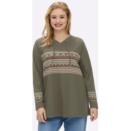 Langarmshirt sheego "Shirt", Damen, Gr. 52/54, gr&uuml;n (khaki, beige, bedruckt), 95% Baumwolle, 5% Elasthan, bedruckt, gemustert, mehrfarbig, V-Ausschnitt, Shirts Langarmshirt