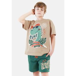 DENOKIDS Jungen Hausanzug "Summer Dino", Gr. 104, beige, 95% Baumwolle, 5% Elasthan, bedruckt, Homewear-Sets, mit lustigem Dino-Aufdruck