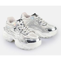 Buffalo Damen Plateausneaker "SCORE TEC", Gr. 39, silber, Lederimitat, Textil, metallic, Schuhe, Ugly Sneaker, Schn&uuml;rschuh, Freizeitsneaker in cooler