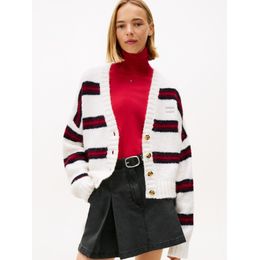 Tommy Jeans Damen Strickjacke "TJW BADGE STRIPE FLUFF CARDI EXT", wei&szlig;, Gr. XXL, gestreift, Strick, Obermaterial: 69% Polyacryl, 23% Polyester, 8%