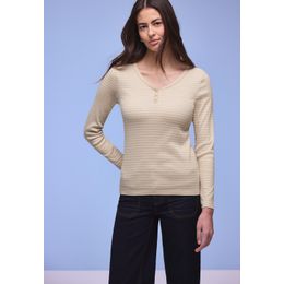 Street One Damen Langarmshirtcotton beige, Gr. 46, gestreift, Feinripp, Obermaterial: 96% Baumwolle, 4% Elasthan, Shirts, im Streifen-Design und mit