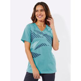 Kurzarmshirt "Freizeitshirt", Damen, Gr. 40, aquamarin, bedruckt, 100% Baumwolle, gemustert, mehrfarbig, V-Ausschnitt, Shirts