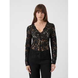 Y.A.S Damen Spitzenshirt "YASLACEY LS V-NECK LACE TOP S. NOOS", schwarz, Gr. XS, unifarben, Jersey, Obermaterial: 95% Nylon, 5% Elasthan, Shirts