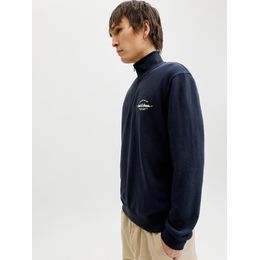 Jack & Jones JACK & JONES Herren Sweater "JJBRANDON SWEAT HALF ZIP", blau, Gr. XL, unifarben, angeraute Sweatware, Obermaterial: 65% Polyester, 35% Baumwolle,