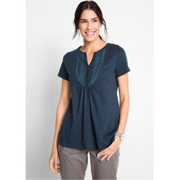 bonprix Damen T-Shirt, blau, Gr. 36, Obermaterial: 100% Baumwolle, Shirts, leicht ausgestellte Passform, Rundhals-Ausschnitt mit Zierknopfleiste