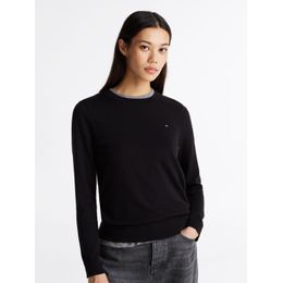 Rundhalspullover Tommy Hilfiger "CO JERSEY STITCH LS C-NK SWT", Damen, Gr. XS (34), schwarz, Strick, Obermaterial: 67% Baumwolle, 33% Polyamid, unifarben, normal h&uuml;ftlang, Rundhals, B&uuml;ndchen, Pullover Rundhalspullover, mit Logostickerei