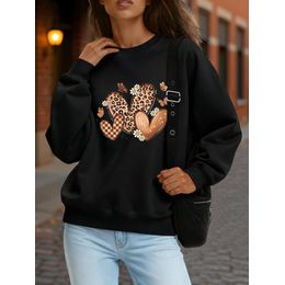 GORHEY Sweatshirt 'Wo's Fleece Pullover, Sweatshirt with Leopard Heart Print, Long Sleeve, Loose Fit' Damen Gr&ouml;&szlig;e XS schwarz