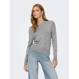 Rundhalspullover Only "ONLVENICE LIFE LS BLING O-NECK CC KNT", Damen, Gr. M, light grau melange detail:silber bling, Strick, Obermaterial: 82% Viskose, 16% Nylon, 2% Elasthan, unifarben, regular fit normal, Rundhals, Pullover Rundhalspullover, mit Strass-Steinen