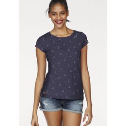T-Shirt Ragwear "FLORAH A ORGANIC O", Damen, Gr. S (36), blau (navy 2028), Single Jersey, Obermaterial: 70% Baumwolle, 30% Polyester, bedruckt, gemustert, kontrastfarbene Details, mehrfarbig, figurbetont normal, Rundhals, Shirts T-Shirt, mit maritimen Anker-Allover-Druck