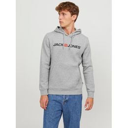 Jack & Jones Kapuzensweatshirt JACK & JONES "JJECORP Hoodie mit Logo und hohem Tragekomfort", Herren, Gr. L, grau (light grau melange), angeraute Sweatware, Obermaterial: 68% Baumwolle, 28% Polyester, 4% Viskose, bedruckt, meliert, normal normal, Rundhals, Rippb&uuml;ndchen, Sweatshirts, bedruckt, casual, regular fit, Baumwollmischung, Rundhals