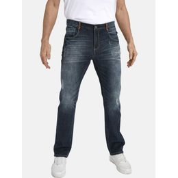 5-Pocket-Jeans Jan Vanderstorm "Tiefbundjeans JURIEN", Herren, Gr. 34, N-Gr, blau (dunkelblau), Obermaterial: 78% Baumwolle CO. 20% Polyester COOLMAX PES(Coolmax). 2% Elasthan EL., Hosen 5-Pocket-Jeans