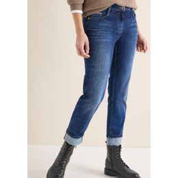 Straight-Jeans Cecil "Style Scarlett", Damen, Gr. 32, L&auml;nge 28, mid blau used wash, Denim/Jeans, Obermaterial: 77% Baumwolle, 20% Polyester, 3% Elasthan. Futter: 52% Polyester, 48% Baumwolle, unifarben, normal lang, Jeans Straight-Jeans, im 5-Pocket-Style