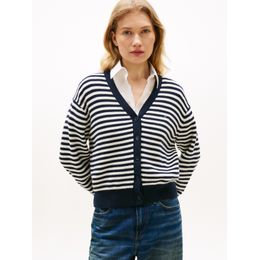 Strickpullover Tommy Hilfiger "CO CARDI LS CARDI", Damen, Gr. XS (34), fine stp ivory pet, schwarz n navy, Strick, Obermaterial: 100% Baumwolle, gestreift, regular fit, V-Ausschnitt, Pullover Strickpullover, mit Knopfleiste