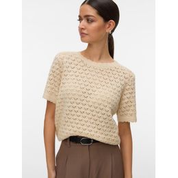 V&eacute;ro Moda Stricktop VERO MODA "VMJAQUELINE SS O-NECK TOP BOO", Damen, Gr. M, birch, Obermaterial: 60% Baumwolle, 40% Polyacryl, unifarben, regular fit normal, Rundhals, Tops Stricktop, mit zartem Muster, Topseller