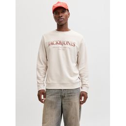 Jack & Jones Sweatshirt JACK & JONES "JJDEVIN DAYTONA PRINT SWEAT CREW NECK", Herren, Gr. M, moonbeam, angeraute Sweatware, Obermaterial: 60% Baumwolle, 40% Polyester, bedruckt, regular fit normal, Rundhals, Rippb&uuml;ndchen, Sweatshirts Sweatshirt