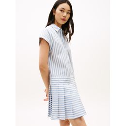 Shirtkleid Tommy Hilfiger "POPLIN PLEATED SHORT SS DRESS", Damen, Gr. S (36/38), N-Gr, wide banker stp ecru brisk blau, Jersey, Obermaterial: 100% Baumwolle, gestreift, regular fit kurz, Kleider Shirtkleid, mit Logo-Stickerei