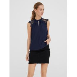 V&eacute;ro Moda Spitzentop VERO MODA "VMMILLA SL LACE TEE", Damen, Gr. XS, navy blazer, Jersey, Obermaterial: 95% Polyester, 5% Elasthan, unifarben, normal, Rundhals, Tops Spitzentop, Materialmix, regular fit