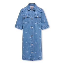 Jeanskleid KIDS Only "KOGLOVA SS HEART DNM DRESS", M&auml;dchen, Gr. 122, N-Gr, medium blau denim, Denim/Jeans, Obermaterial: 100% Baumwolle, bedruckt, leichte Abriebeffekte, Basic normal, Rundhals, weit angesetztes B&uuml;ndchen, Kleider Jeanskleid