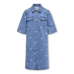 Jeanskleid KIDS Only "KOGLOVA SS HEART DNM DRESS", M&auml;dchen, Gr. 158, N-Gr, medium blau denim, Denim/Jeans, Obermaterial: 100% Baumwolle, bedruckt, leichte Abriebeffekte, Basic normal, Rundhals, weit angesetztes B&uuml;ndchen, Kleider Jeanskleid