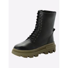 Schn&uuml;rstiefelette sheego, Damen, Gr. 41, schwarz, khaki, Glattleder, Leder, Schuhe Schn&uuml;rstiefelette