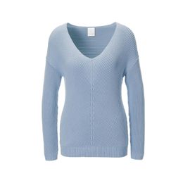 Madeleine Mode Longpullover MADELEINE "Pullover Langarm-Pullover mit V-Ausschnitt", Damen, Gr. 34, blau (bleu), Obermaterial: 100% Baumwolle CO., Pullover Longpullover