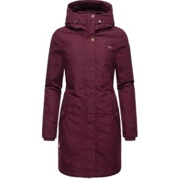 Wintermantel Ragwear "Jannisa", Damen, Gr. L (40), rot (weinrot), Au&szlig;enmaterial: 65% Polyester, 35% Baumwolle. Innenfutter: 100% Polyester. Wattierung: 100% Polyester, figurumspielend ca. Mitte Oberschenkel, hoch geschlossener Ausschnitt, &Auml;rmel ohne &Auml;rmelschlitz Rippstrickb&uuml;ndchen mit Druckkn&ouml;pfen,verstellbar, M&auml;ntel Wintermantel, stylischer Damen Winterparka mit Kapuze