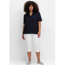 Longbluse sheego, Damen, Gr. 40, blau (tiefblau), 89% Viskose, 11% Polyamid, unifarben, V-Ausschnitt, Blusen Longbluse