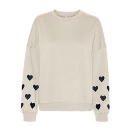 V&eacute;ro Moda Sweatshirt VERO MODA "VMKAROL BEA LS SWEAT BOX JRS GA", Damen, Gr. M, birch detail:navy emb hearts on sleeves, Sweatware, Obermaterial: 52% Baumwolle, 48% Polyester, unifarben mit Farbeinsatz, loose fit normal, Rundhals, Sweatshirts Sweatshirt, mit Blumendruck
