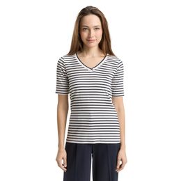 T-Shirt Tom Tailor, Damen, Gr. M, sanftes wei&szlig; navy blau stripe, Single Jersey, Obermaterial: 97% Baumwolle, 3% Elasthan, gestreift, regular fit normal, V-Ausschnitt, gerader Abschluss, Shirts T-Shirt, mit Kontrast Detail