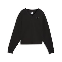 Sweatshirt Puma "Essentials Elevated Sweatshirt mit V-Ausschnitt Damen", Damen, Gr. XS, schwarz, Obermaterial: 5% Elasthan, 47% Polyester, 38% Baumwolle, 10% Viskose. &Auml;rmelbund: 3% Elasthan, 97% Baumwolle. Rippe: 97% Baumwolle, 3% Elasthan, comfort fit, Sweatshirts Sweatshirt