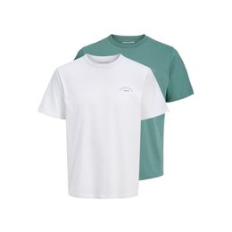 Jack & Jones T-Shirt JACK & JONES JUNIOR "JJCOLLEGE LOGO TEE SS CN 2PK MP JNR", Jungen, Gr. 128, mineral blau pack:mineral blau, hellwei&szlig;, Single Jersey, Obermaterial: 100% Baumwolle, bedruckt, normal normal, Rundhals, Shirts T-Shirt